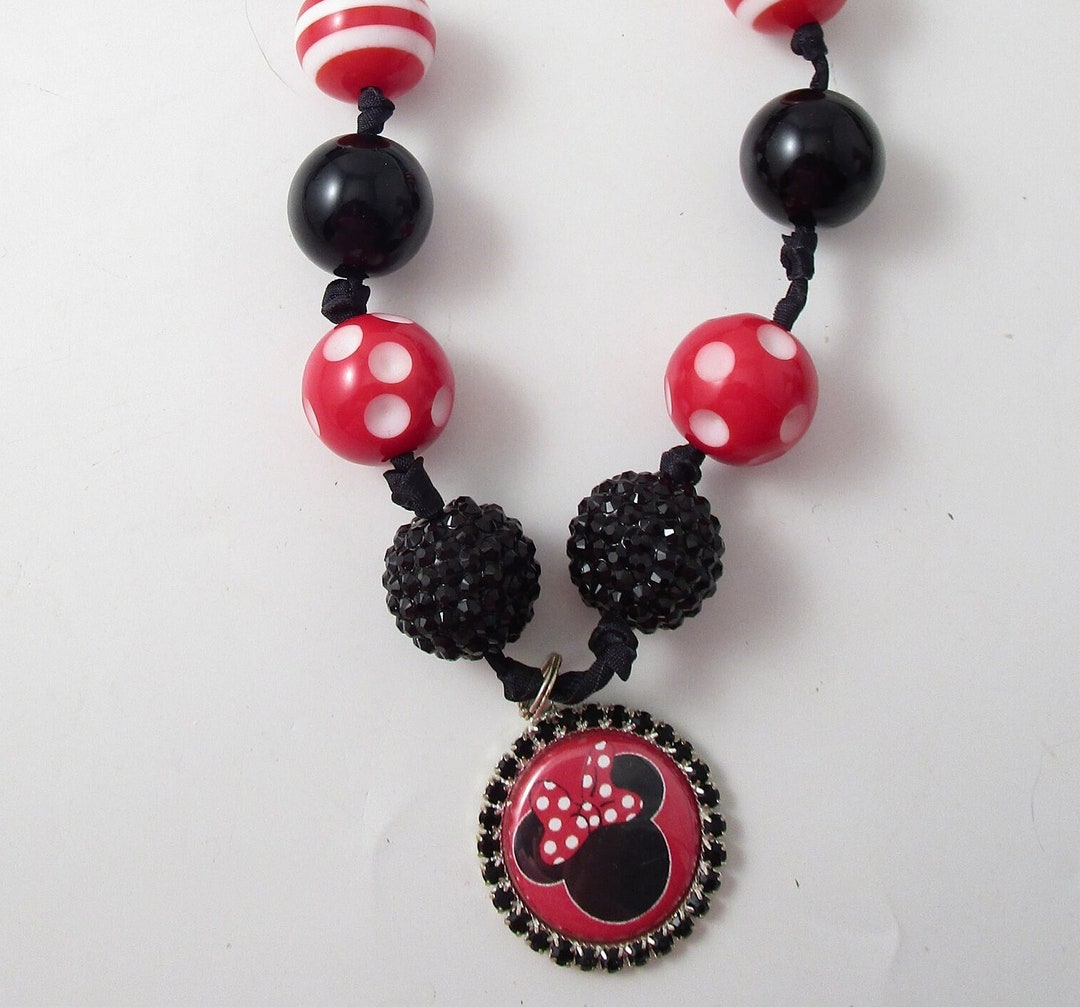 Disney Minnie Mouse Necklace Red Black Beads Polka Dots & Stripes ...