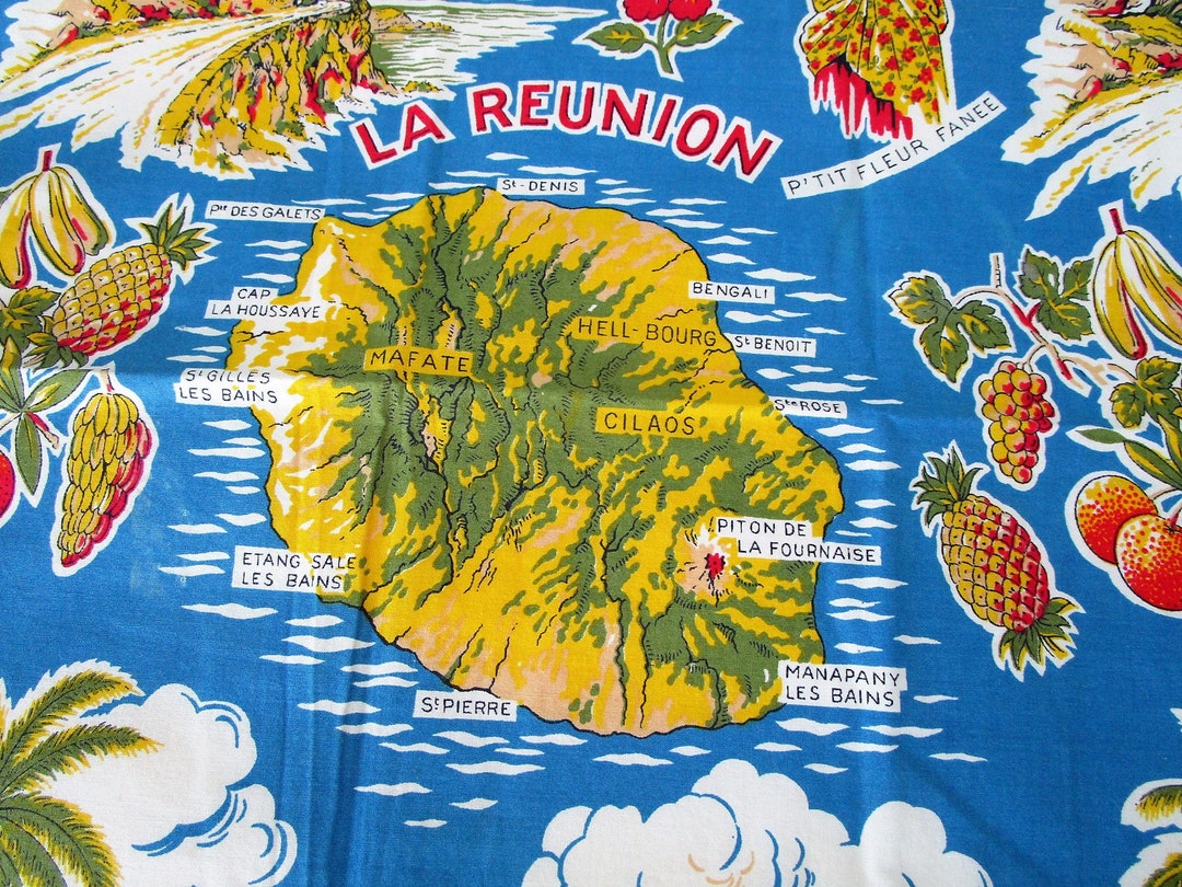 Vintage La Reunion Island Colorful Map Fabric Printed Points of ...