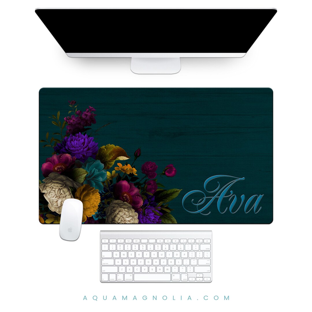 Personalized Teal Desk Pad With Purple and Aqua Flowers - Etsy