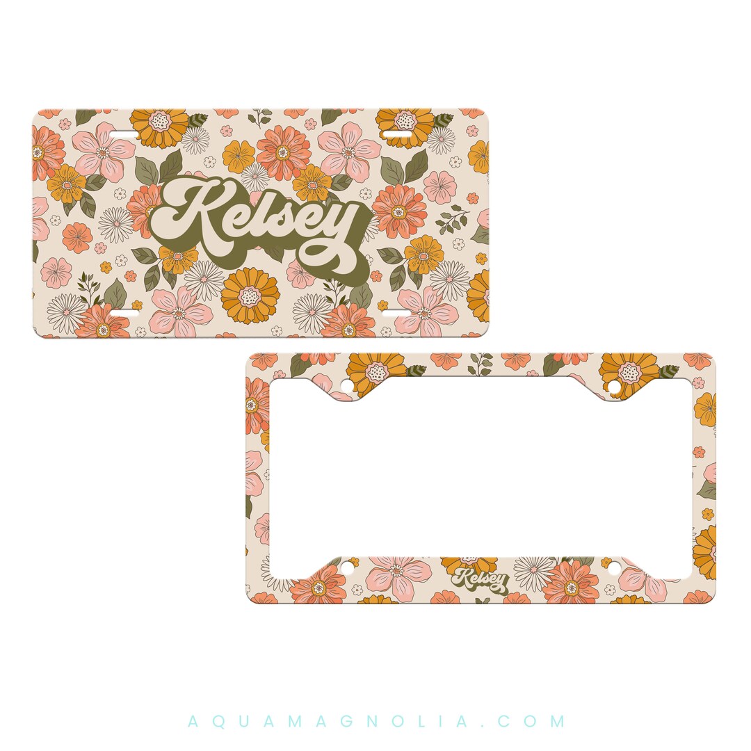Retro Pink and Orange Flowers License Plate Personalized Frame and Car ...