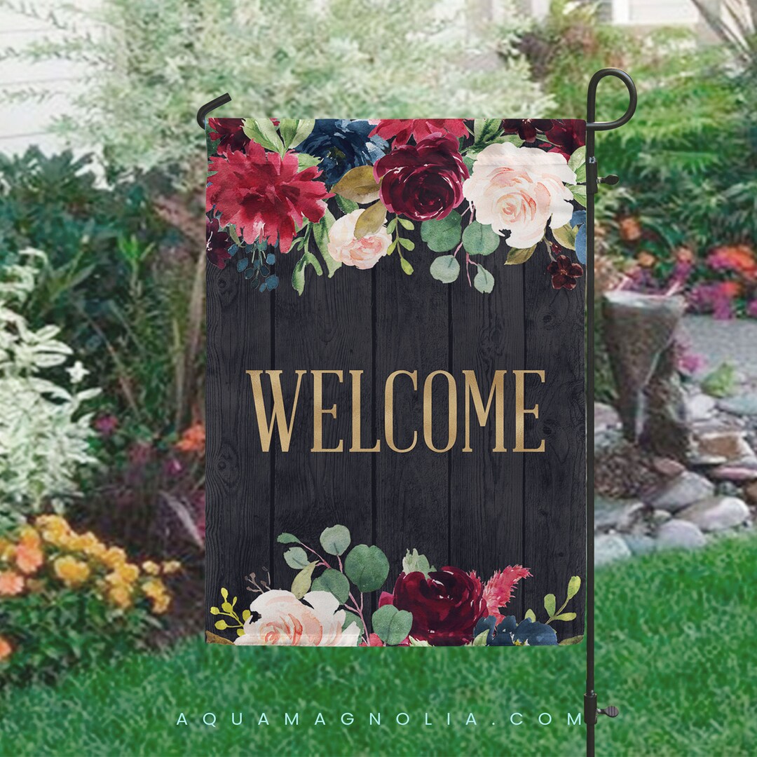 Custom Pink and Burgundy Floral Welcome Flag Premium Double Sided Yard ...