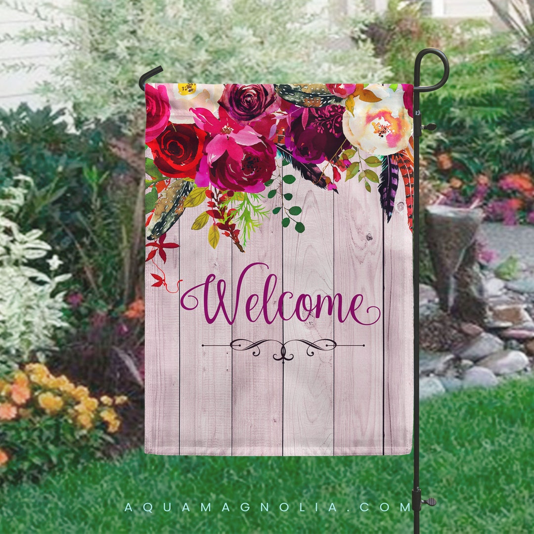 Custom Premium Double Sided Welcome Flag Red and Burgundy Floral for ...