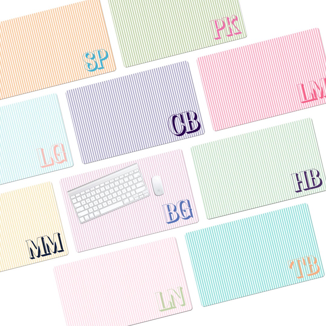 Personalized Custom Initials Desk Pad, Pink Preppy Stripes Keyboard ...