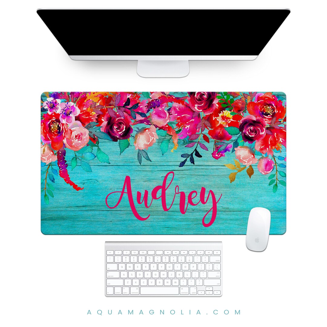 Personalized Desk Pad Custom Monogrammed Work Desk Mat in Aqua and Pink ...
