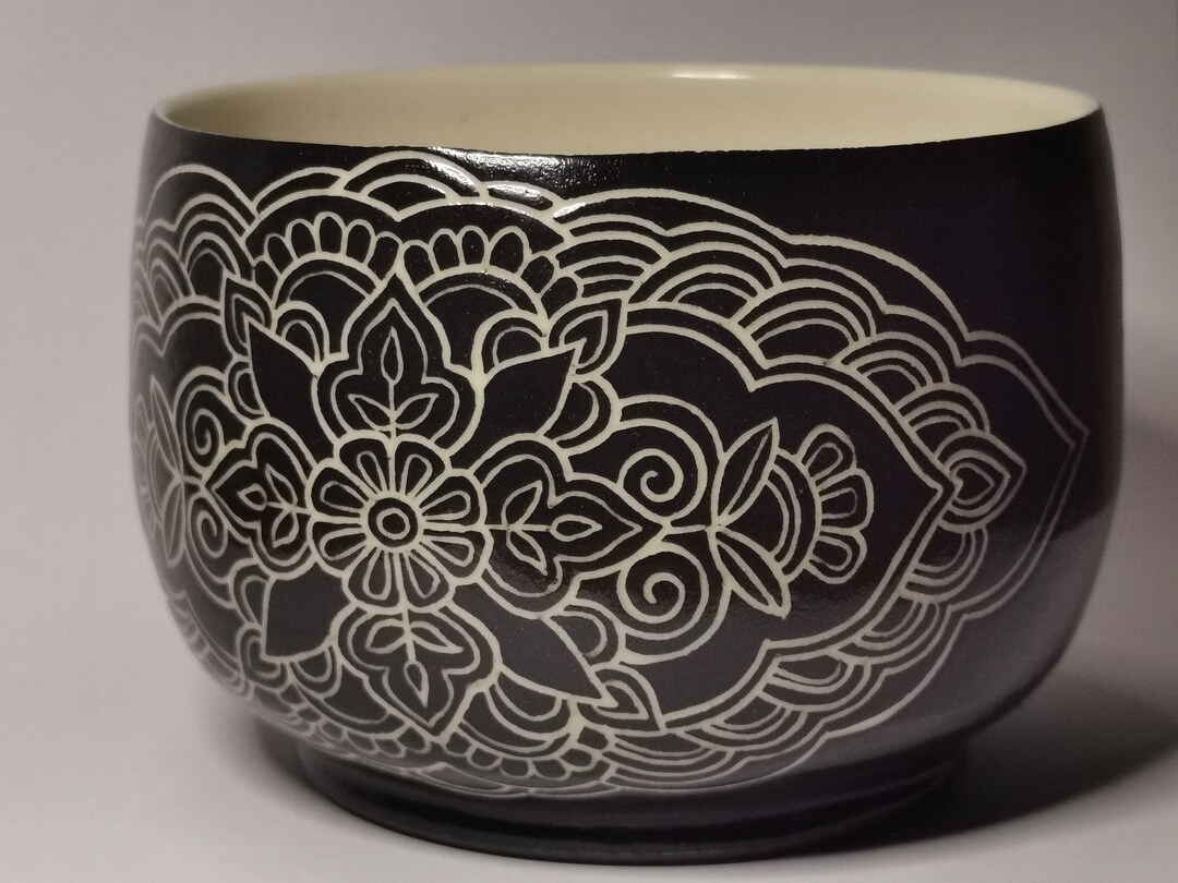 Black Bowl Hand Carved Sgraffito Stoneware Ceramic Bowl - Etsy