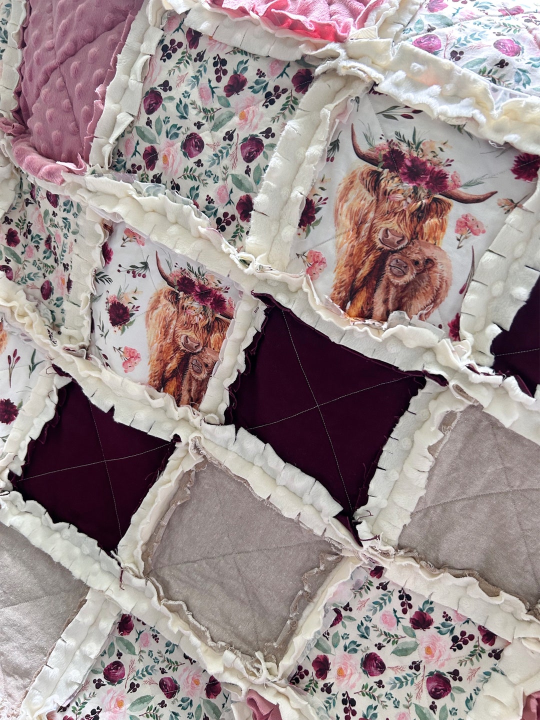 Highland Cow Floral Rag Quilt-soft Floral Rag Quilt-linen Rag Quilt ...