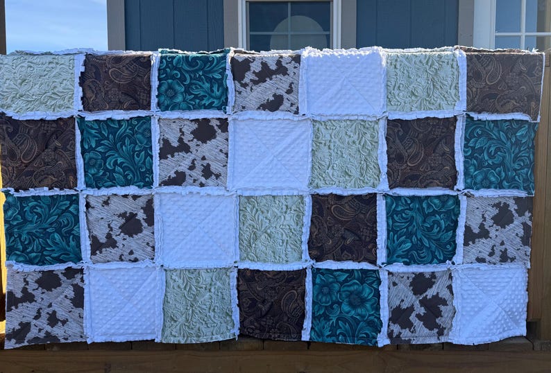 Handmade Boho Western Rag Quilt: Cow Print, Turquoise, and Minky - Etsy