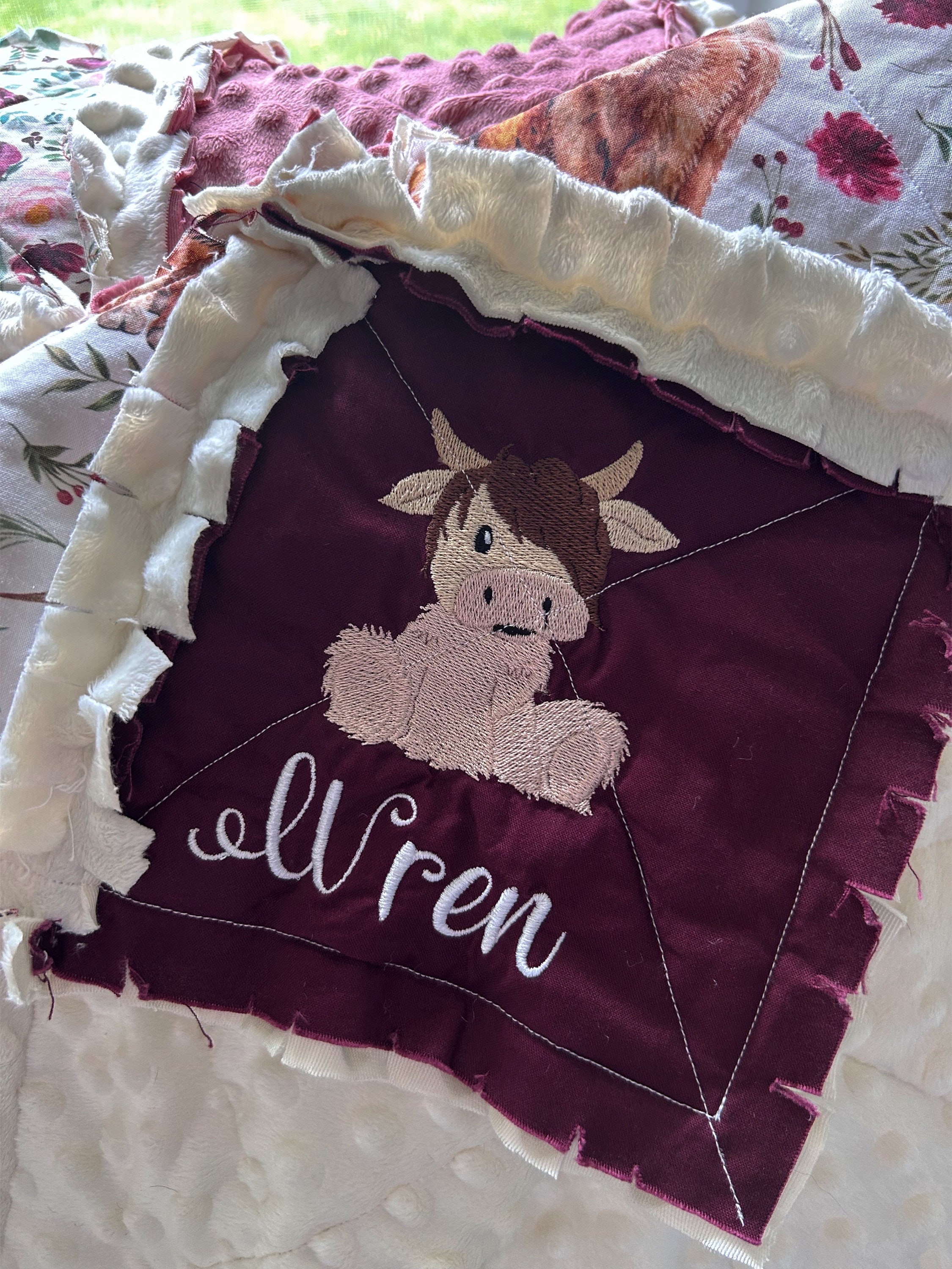 Floral Highland Cow Rag Quilt: Embroidered Baby Quilt - Etsy