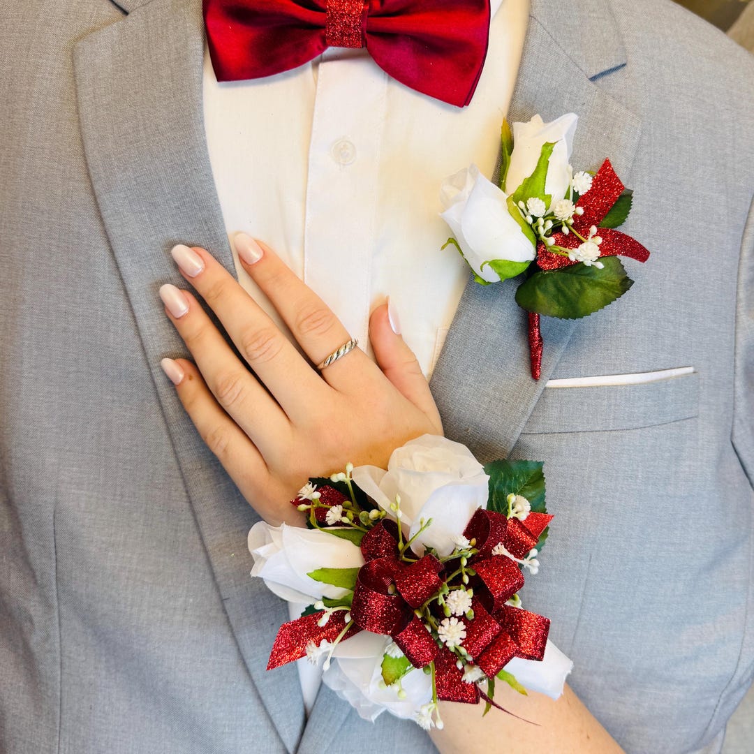 RED SPARKLE Glitter Prom Corsage and Boutonniere Set | Wrist Corsage ...