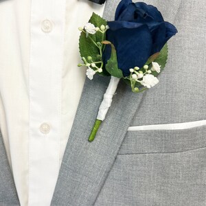 Navy Blue Rose+ Babies Breath Boutonniere for Wedding | Groom ...
