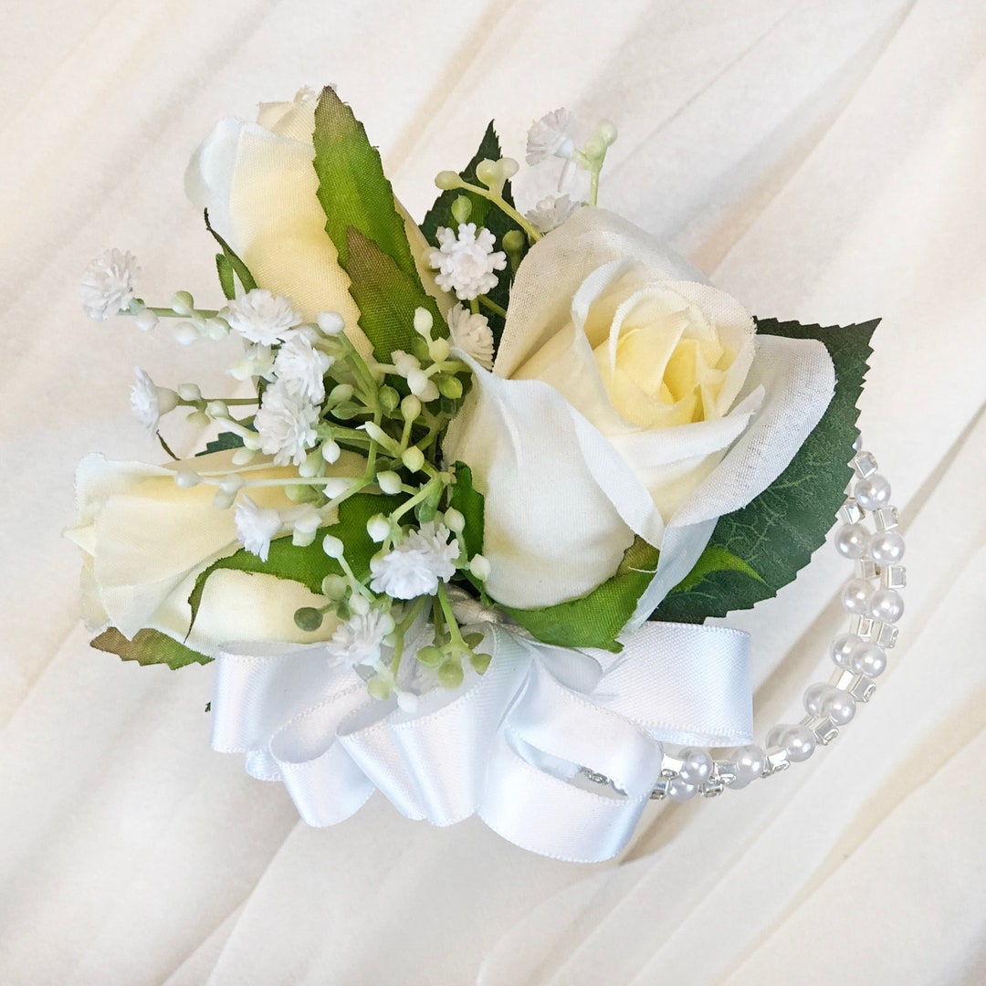 Ivory Rose Wedding Corsage With Babies Breath & Satin Bow - Etsy