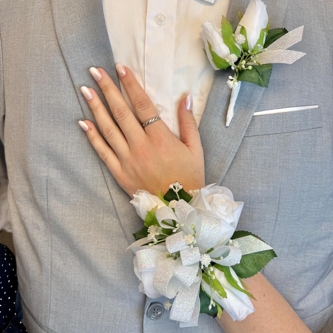 White Rose Prom Corsage and Boutonniere Set: Iridescent Sparkle Ribbon ...