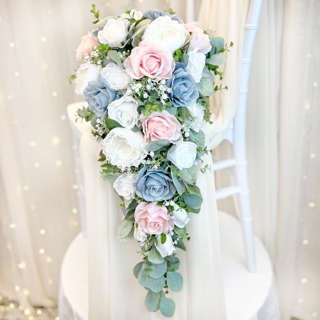 Dusty Blue & Pink Rose Cascade Bouquet: Silk Wedding Flowers - Etsy