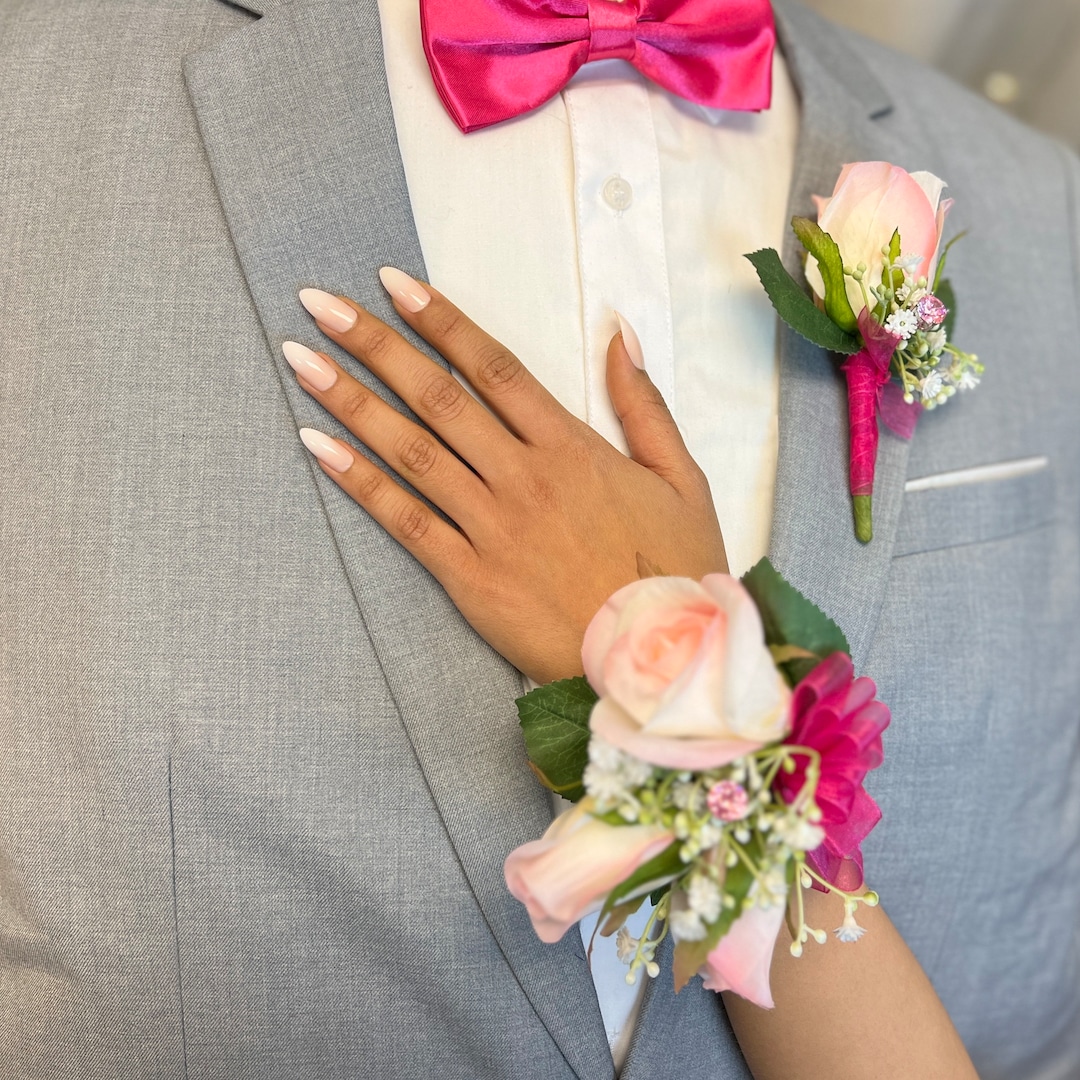 Pink Rose Prom Corsage and Boutonniere Set: Chiffon Ribbon - Etsy
