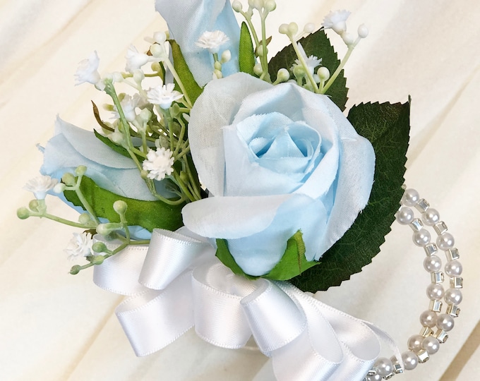 Blue Corsage Set, Blue Corsage and Boutonniere, Baby Blue Wristlet and ...