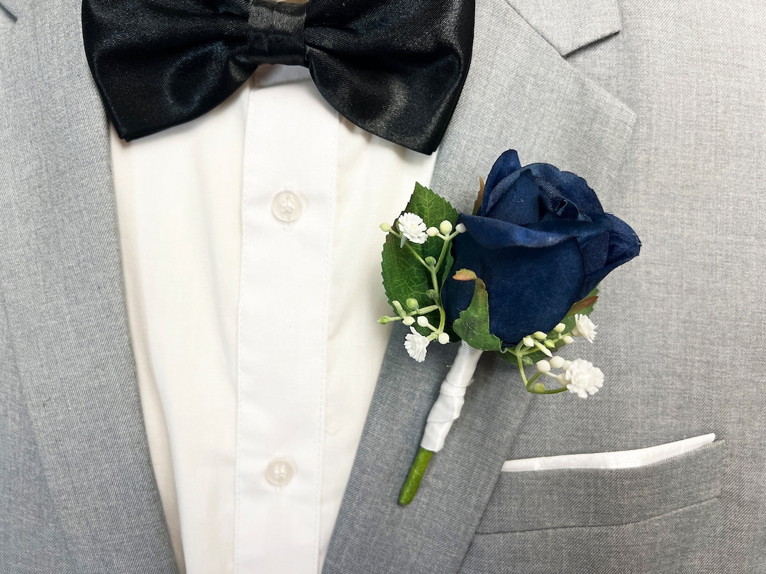 Navy Blue Rose+ Babies Breath Boutonniere for Wedding | Groom ...