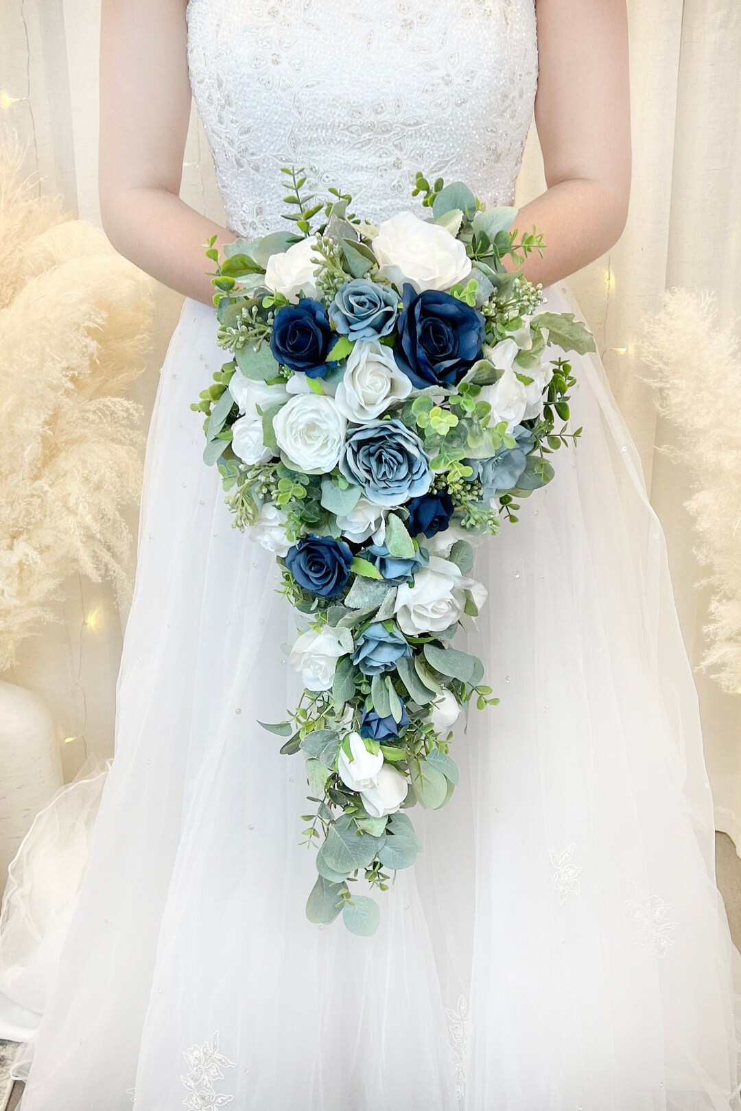 SLATE BLUE DUSTY Blue Wedding Bouquet Set With Mini Roses Silk Bridal ...