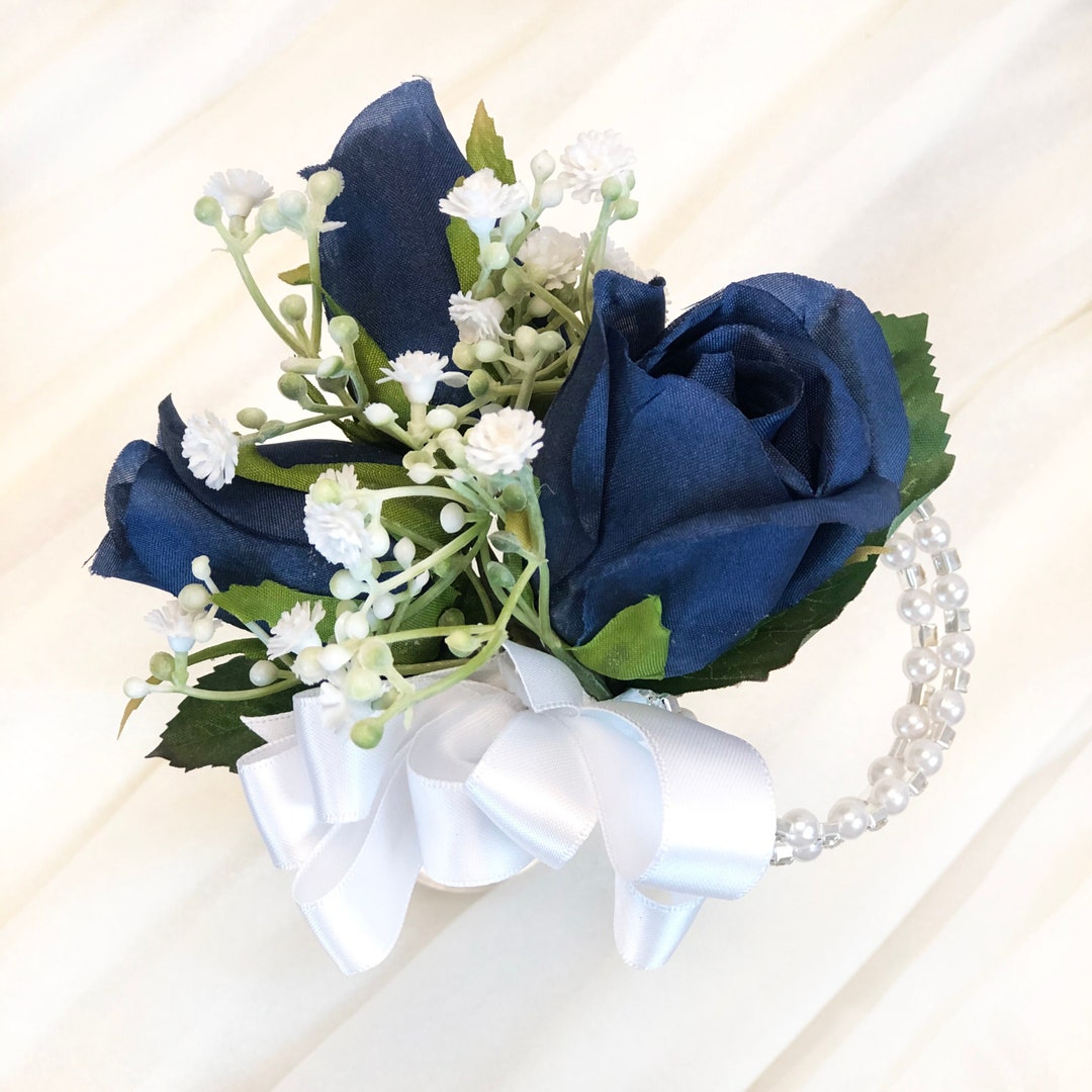 Navy Rose Wedding Corsage With Babies Breath & Satin Bow - Etsy