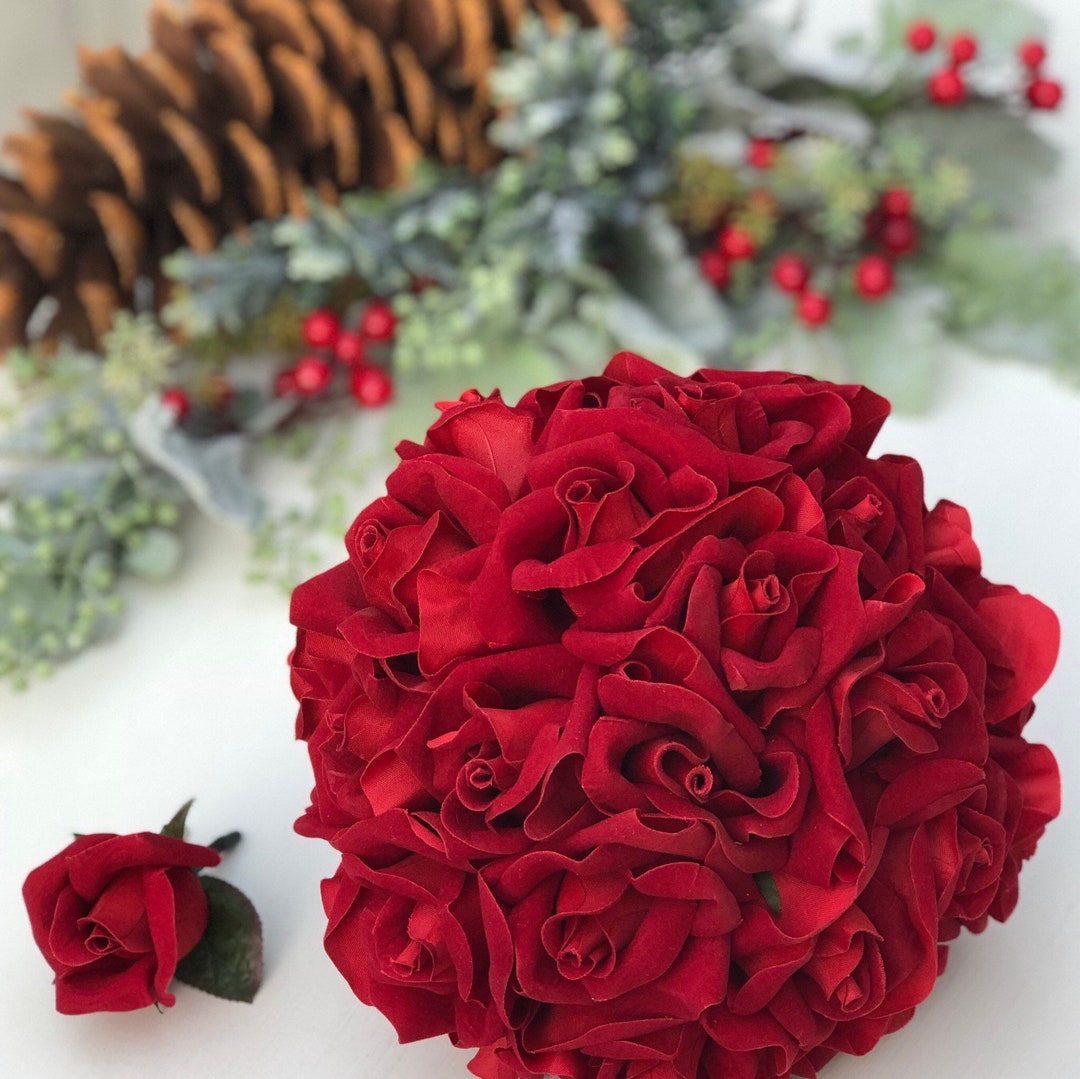 Velvet Red 24 Rose Bouquet- Christmas Silk Flower Bridal Bouquet and ...