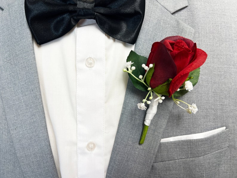 Red Rose + Babies Breath Single Boutonniere for Men | Wedding ...