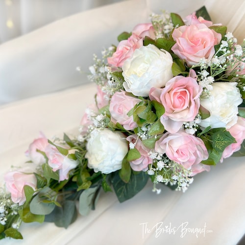Pink Rose Bridal Cascade With Babies Breath Silk Flower - Etsy