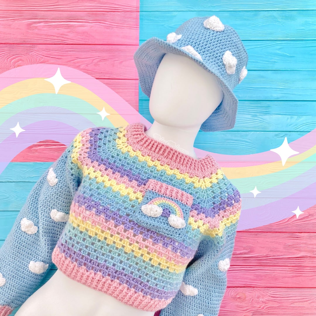 Ultra Pastel Cropped Rainbow Cloud Sweater, Colourful Striped Jumper ...