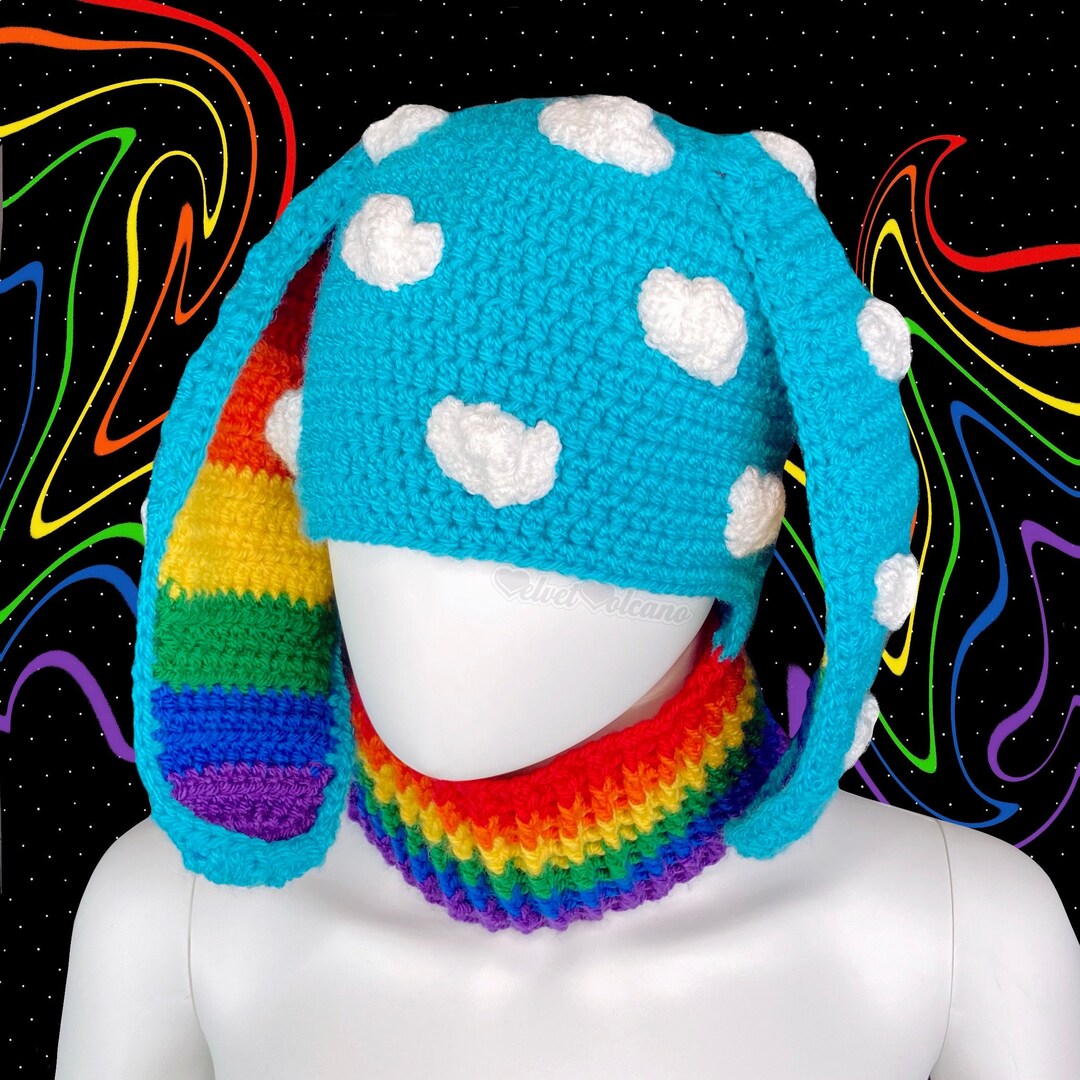 Rainbow Cloud Bunny Balaclava, Kawaii Turquoise Ski Mask, Crochet ...