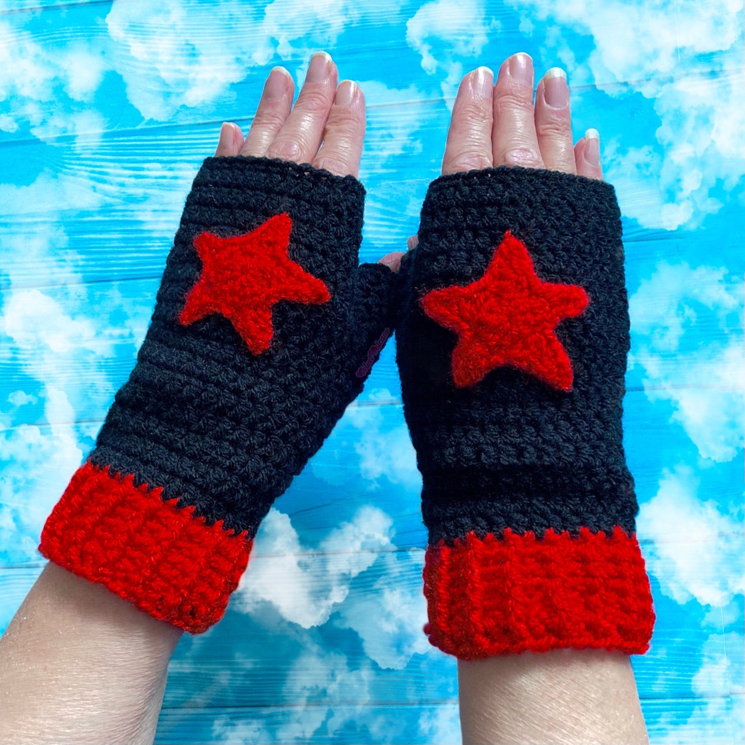 Star Gloves, Custom Colour Crochet Fingerless Gloves, Black & Red ...