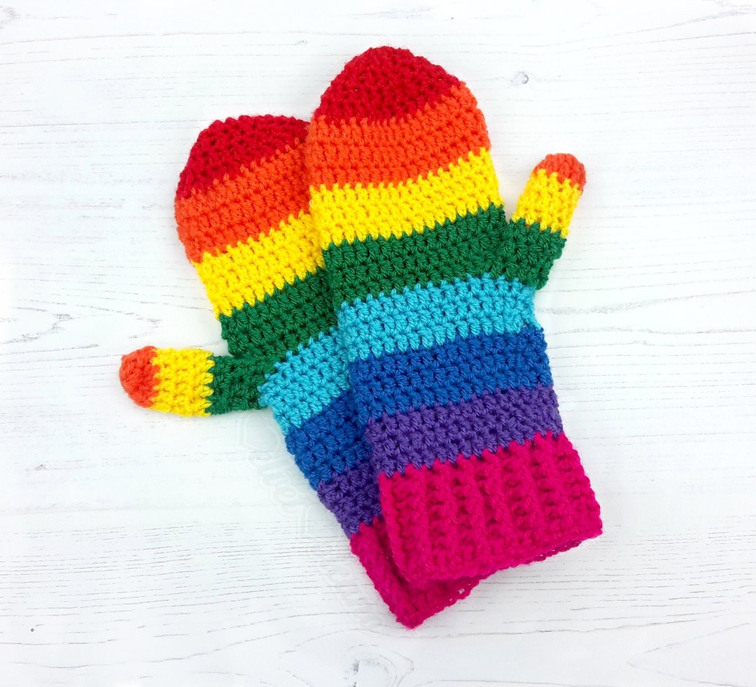 Rainbow Mittens, Crochet Mittens, Rainbow Striped Hand Warmers, Cute ...