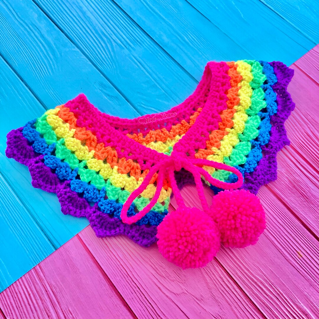 Neon Rainbow Crochet Collar With Pom Pom Ties, Fluorescent Faux Collar ...