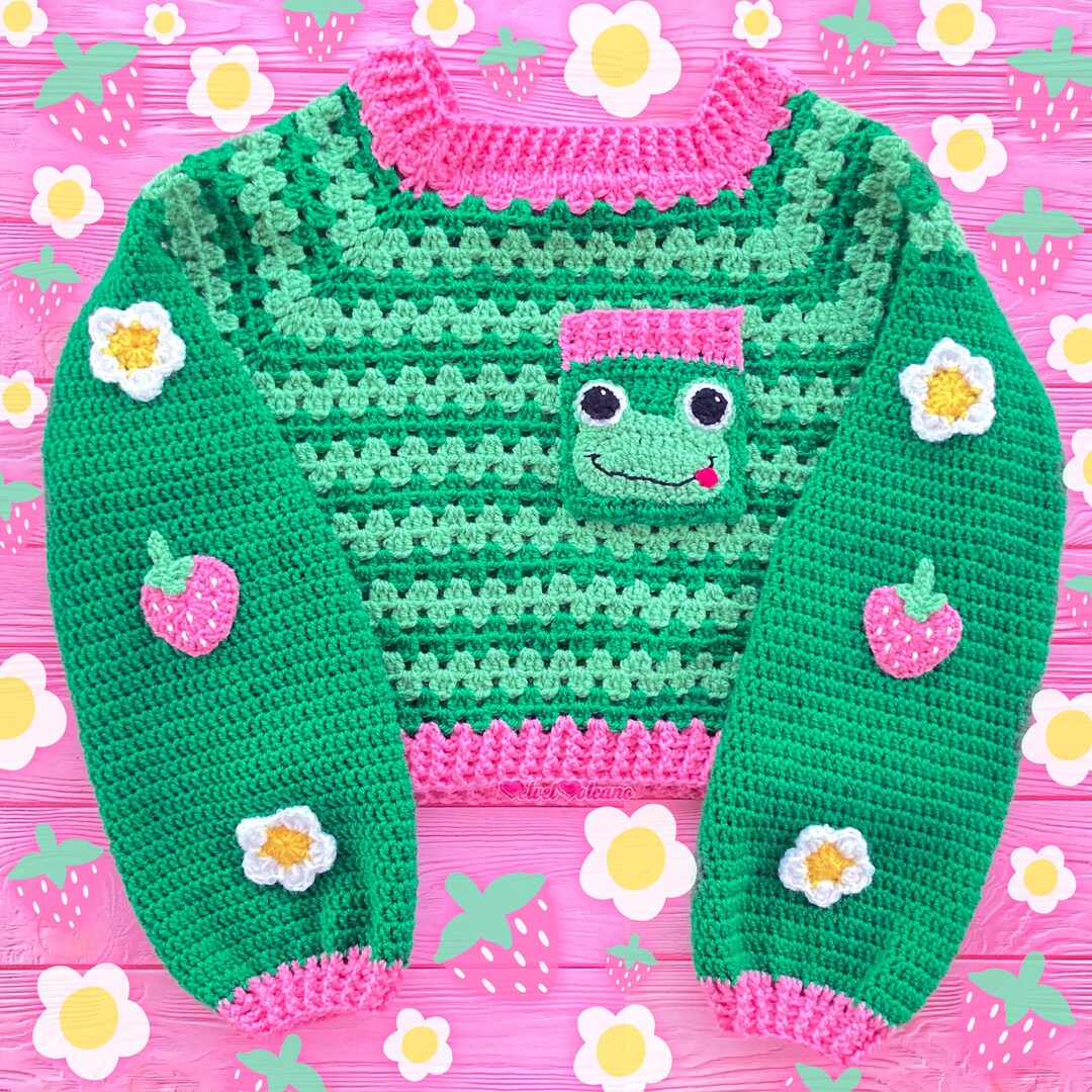 Frog Cropped Sweater, Kawaii Froggy Jumper, Cottagecore Strawberry Top, Crochet Striped Pullover ...