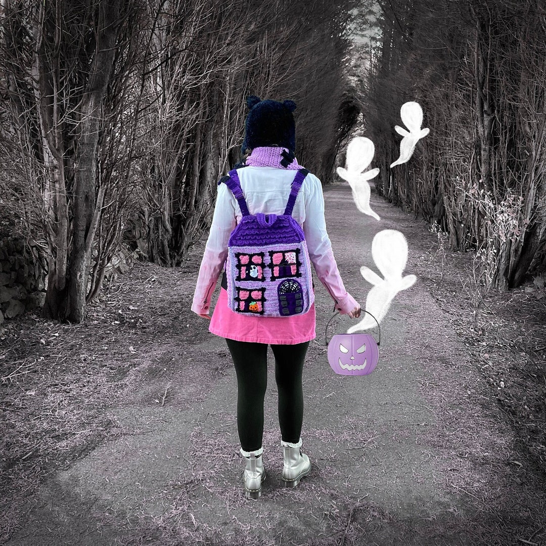 Haunted House Backpack, Spooky Crochet Bag, Pastel Goth Rucksack, Ghost ...