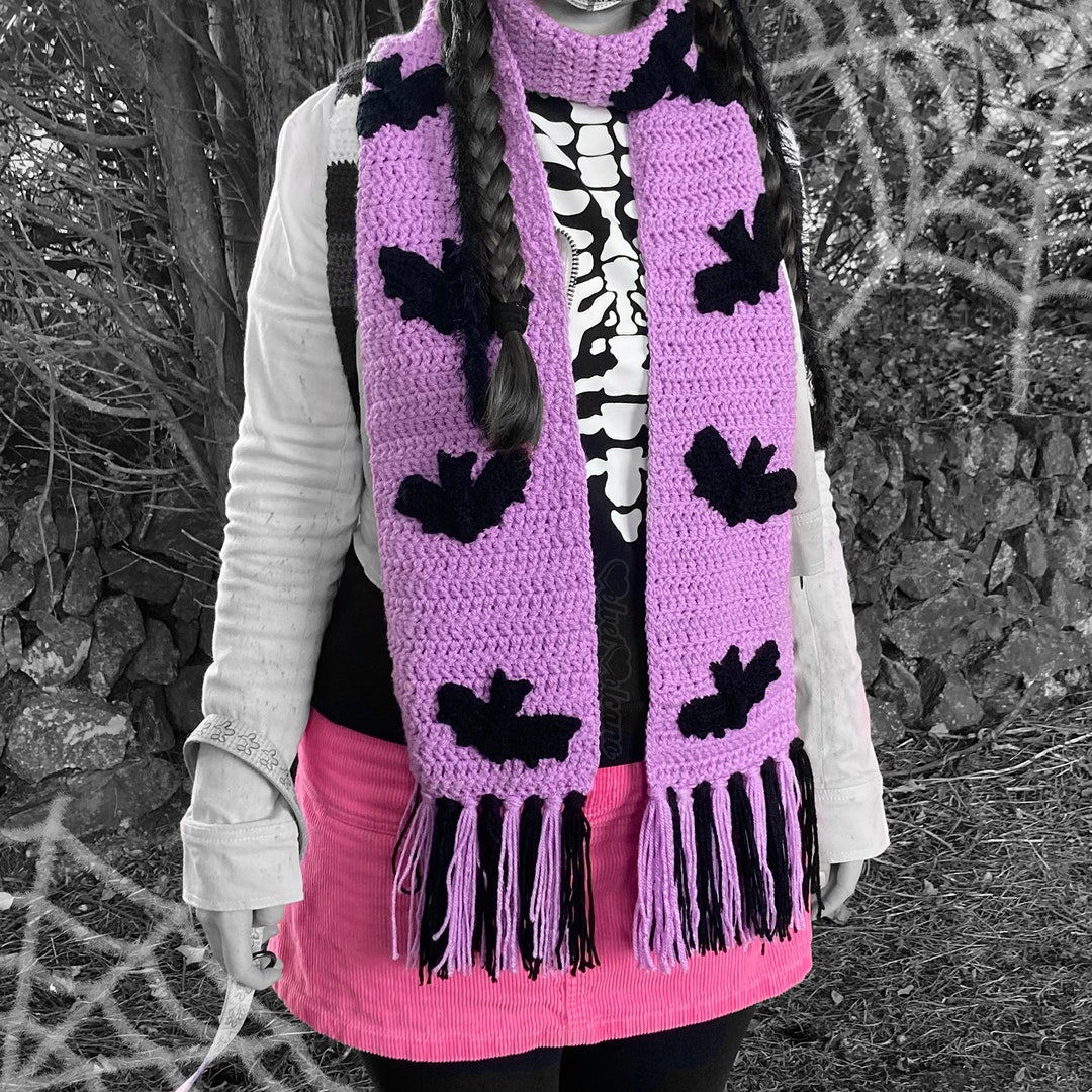 Bat Scarf, Chunky Custom Colour Crochet Scarf With Tassels and Spooky ...