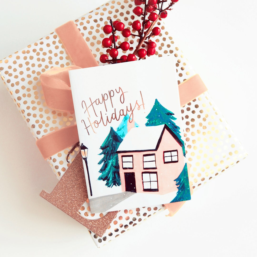 Snowy Cottage Card, Pink House Card, Christmas House Card, Illustrated ...