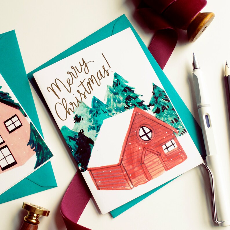 Illustrated Snowy Cabin Christmas Card A6 | Etsy