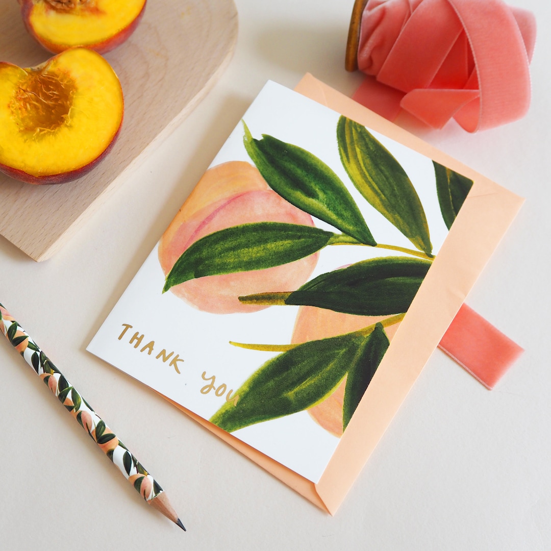 Thank You Illustrated Peach Card - Etsy