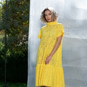 Yellow Lace Dress With High Neck, Spring Dress Women's, Yellow Dress ...