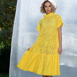 Yellow Lace Dress With High Neck, Spring Dress Women's, Yellow Dress ...