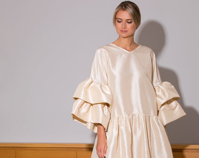 Taffeta Dress With Puffy Sleeves Ruffle Sleeve Dress A Line Dress