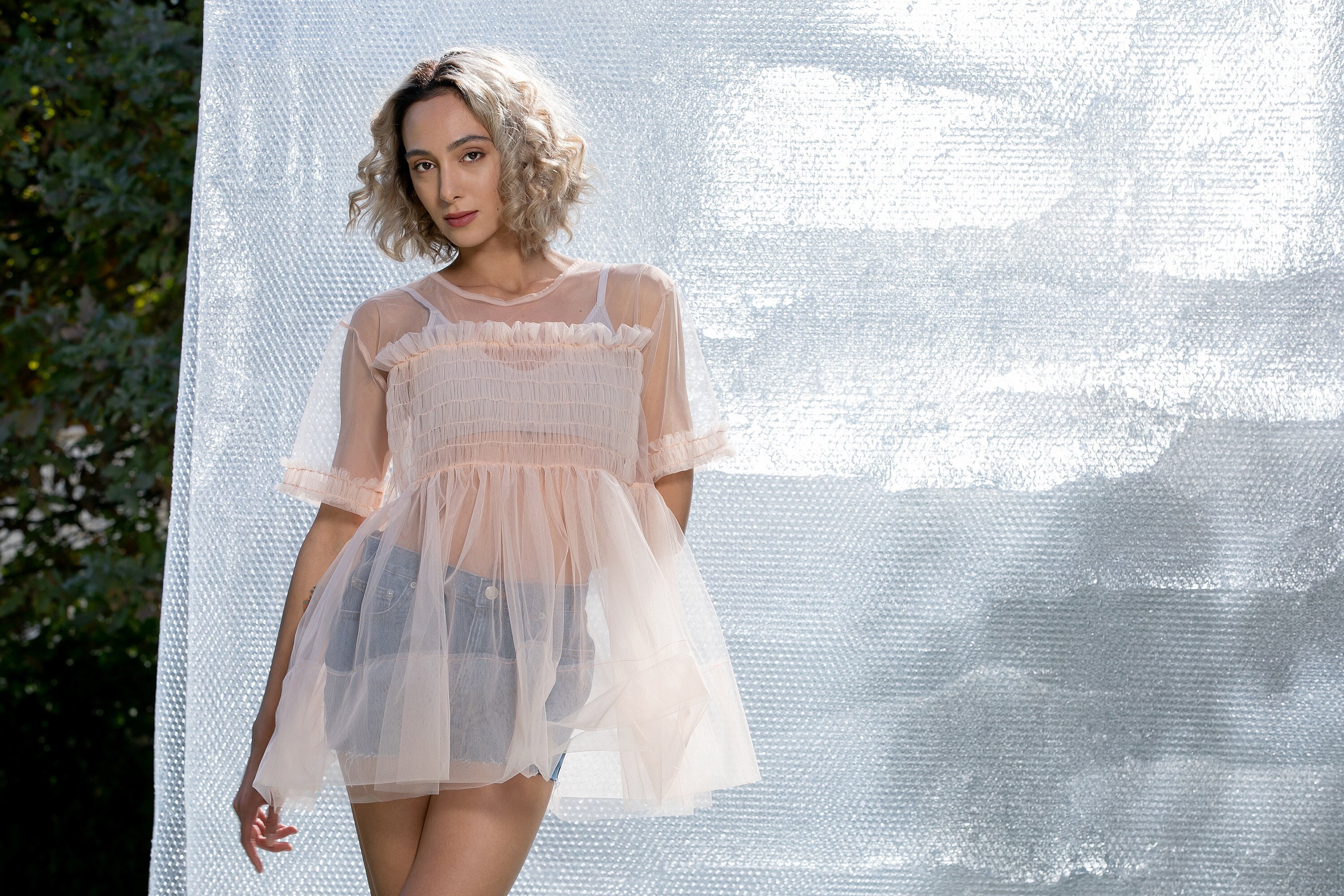 Pink Tulle Ruffle Top, Mesh Top, Boho Blouse, Tulle Sleeves Pink Tulle Ruffle Top, Mesh Top, Boho Blouse, Tulle Sleeves