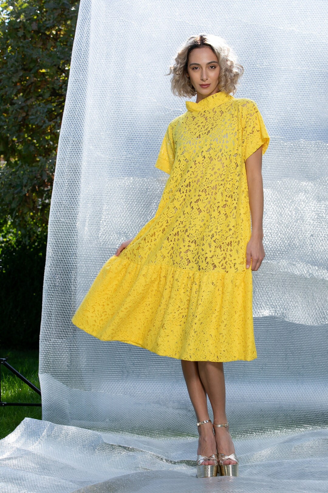 Yellow Lace Dress With High Neck, Spring Dress Women's, Yellow Dress ...