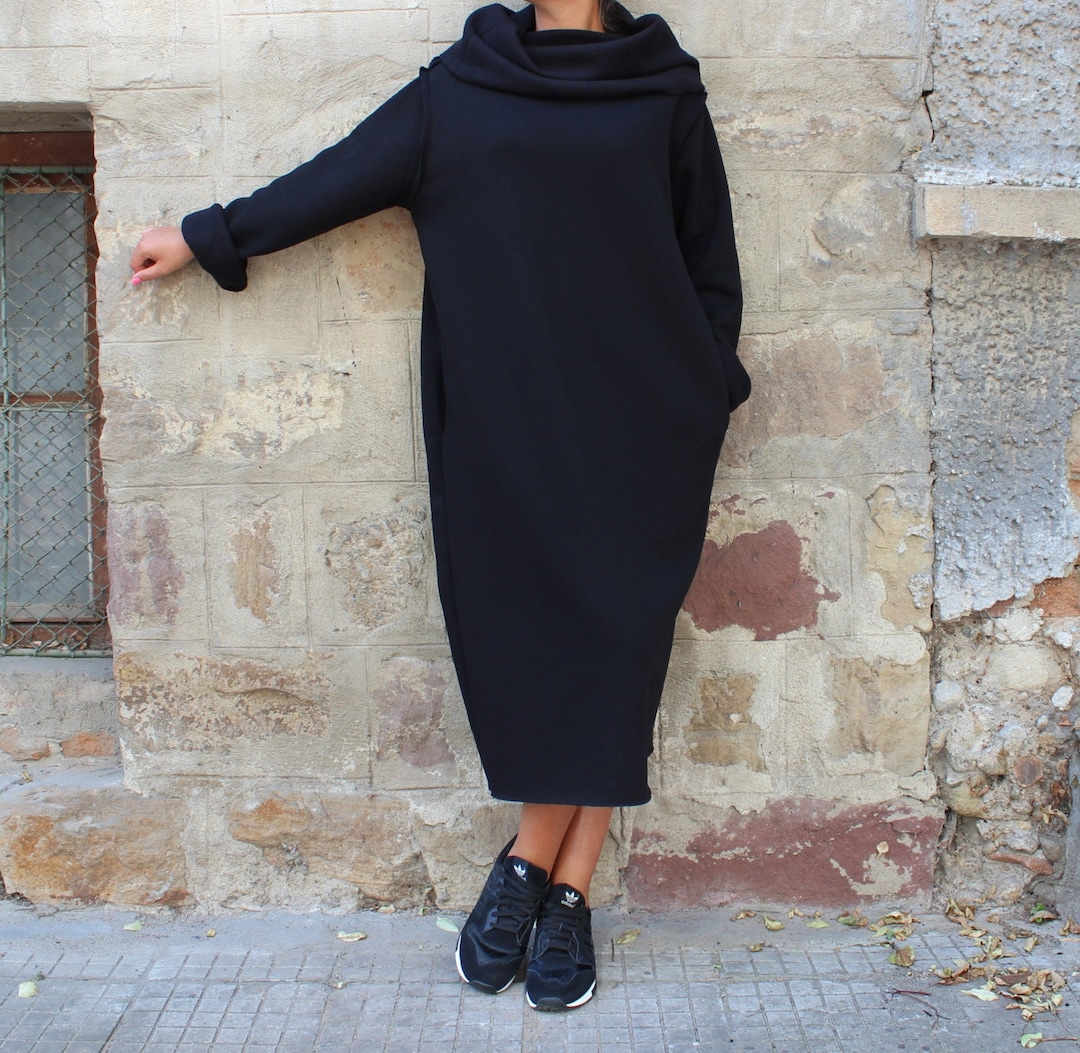 Black Jumper Dress, Black Cozy Dress, Black Winter Dress, Black ...