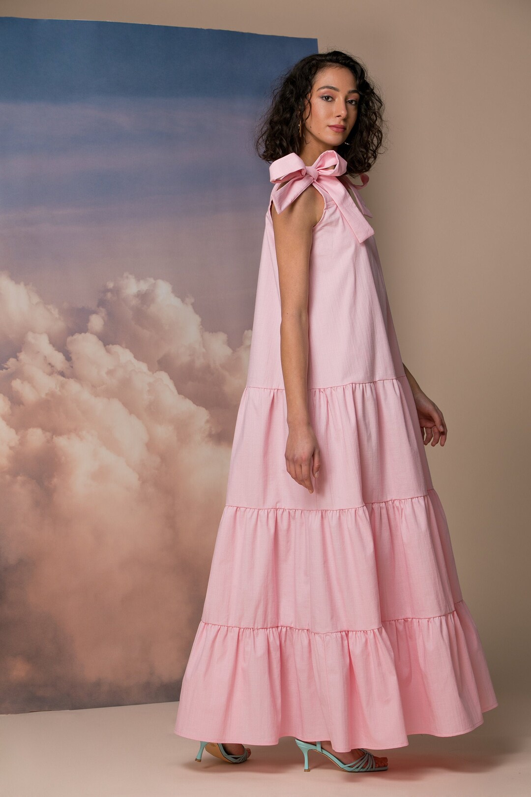 Pink Linen Dress With Shoulder Ribbons Maxi Summer Dress - Etsy