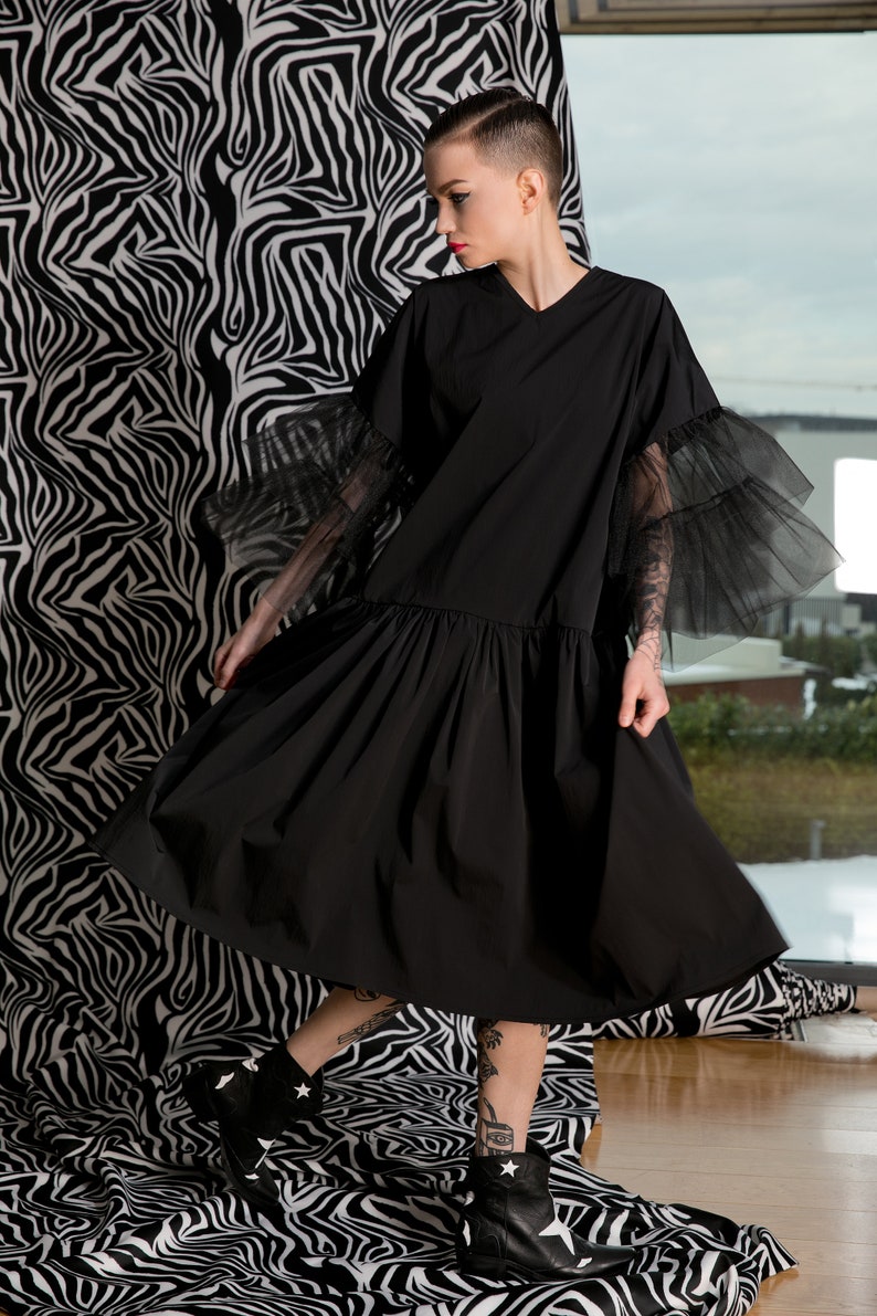 Black Ruffle Dress, Black Tulle Dress, Black Gothic Dress, Plus Size ...