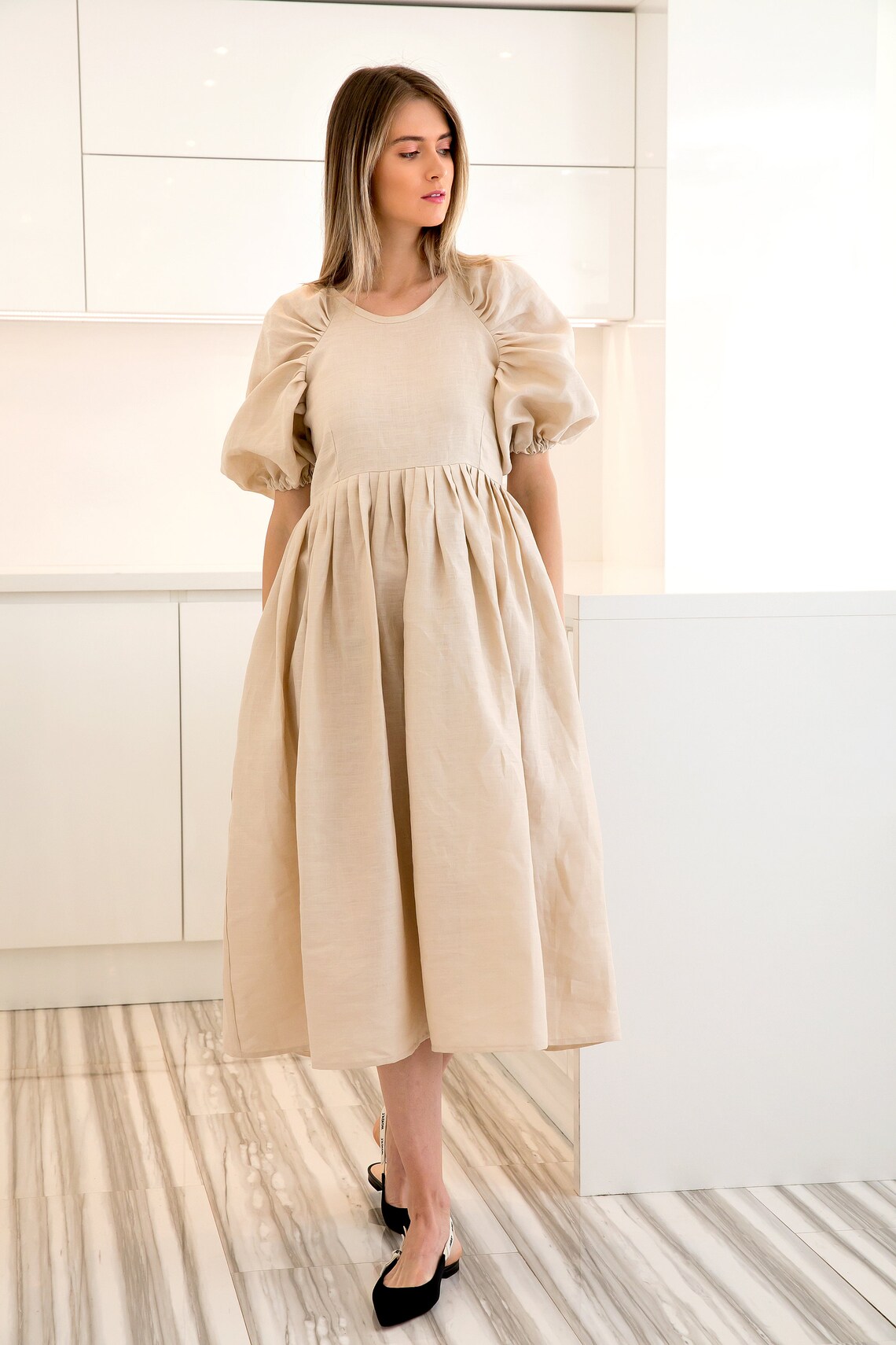 Beige Linen Dress With Oversized Puff Sleeves Linen Boho - Etsy