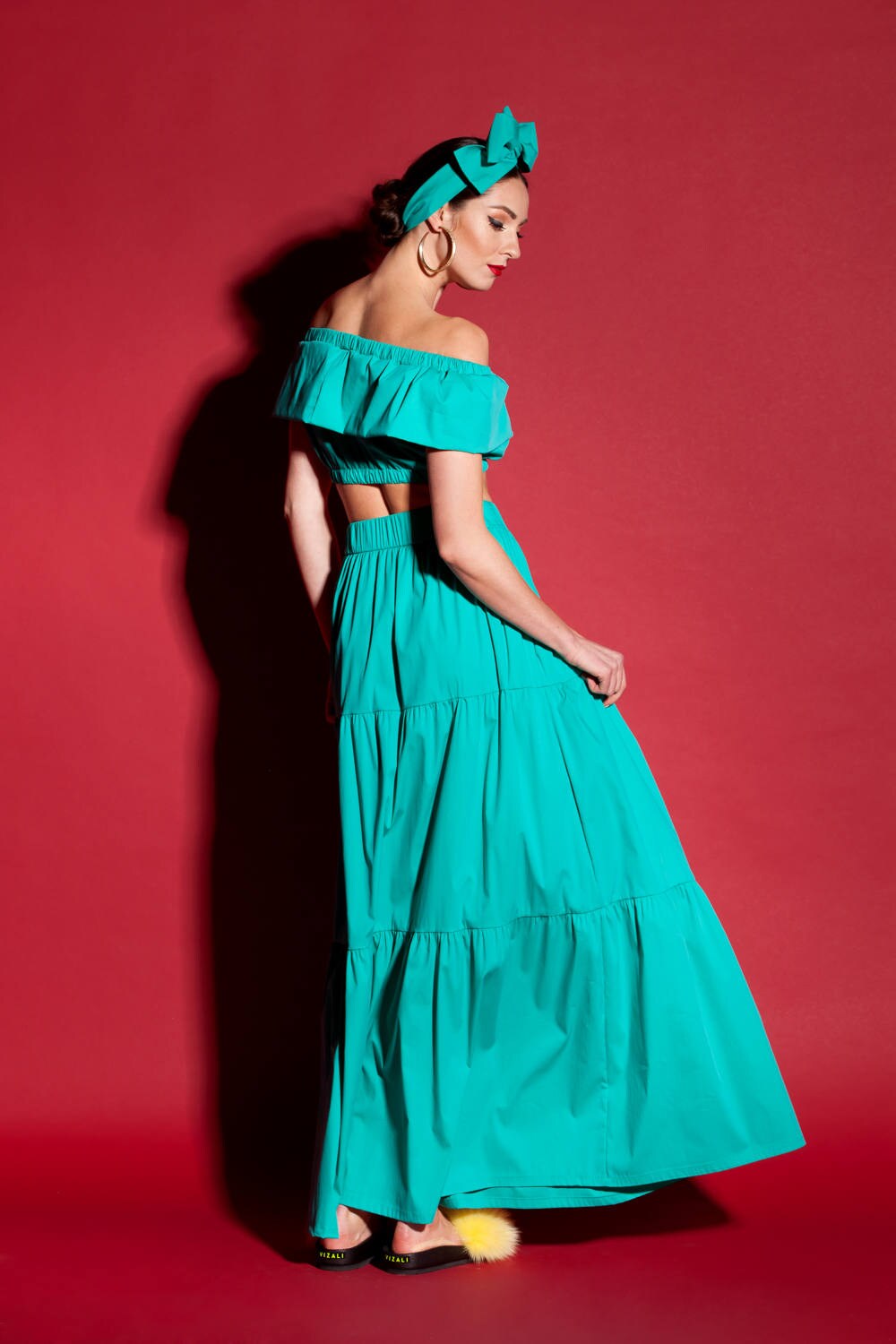 Handmade Green Maxi Skirt Set, off Shoulder Crop Top - Etsy
