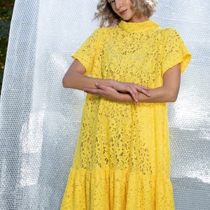 Yellow Lace Dress With High Neck, Spring Dress Women's, Yellow Dress ...