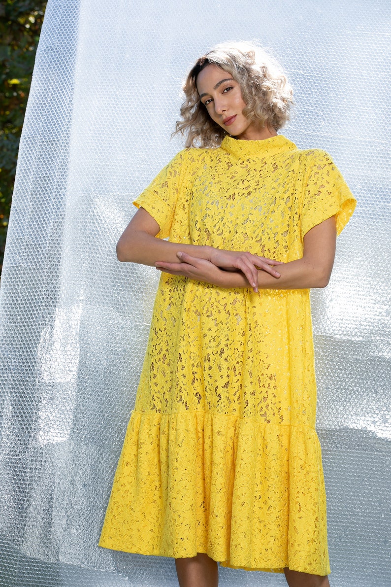 Yellow Lace Dress With High Neck Spring Dress Women's - Etsy