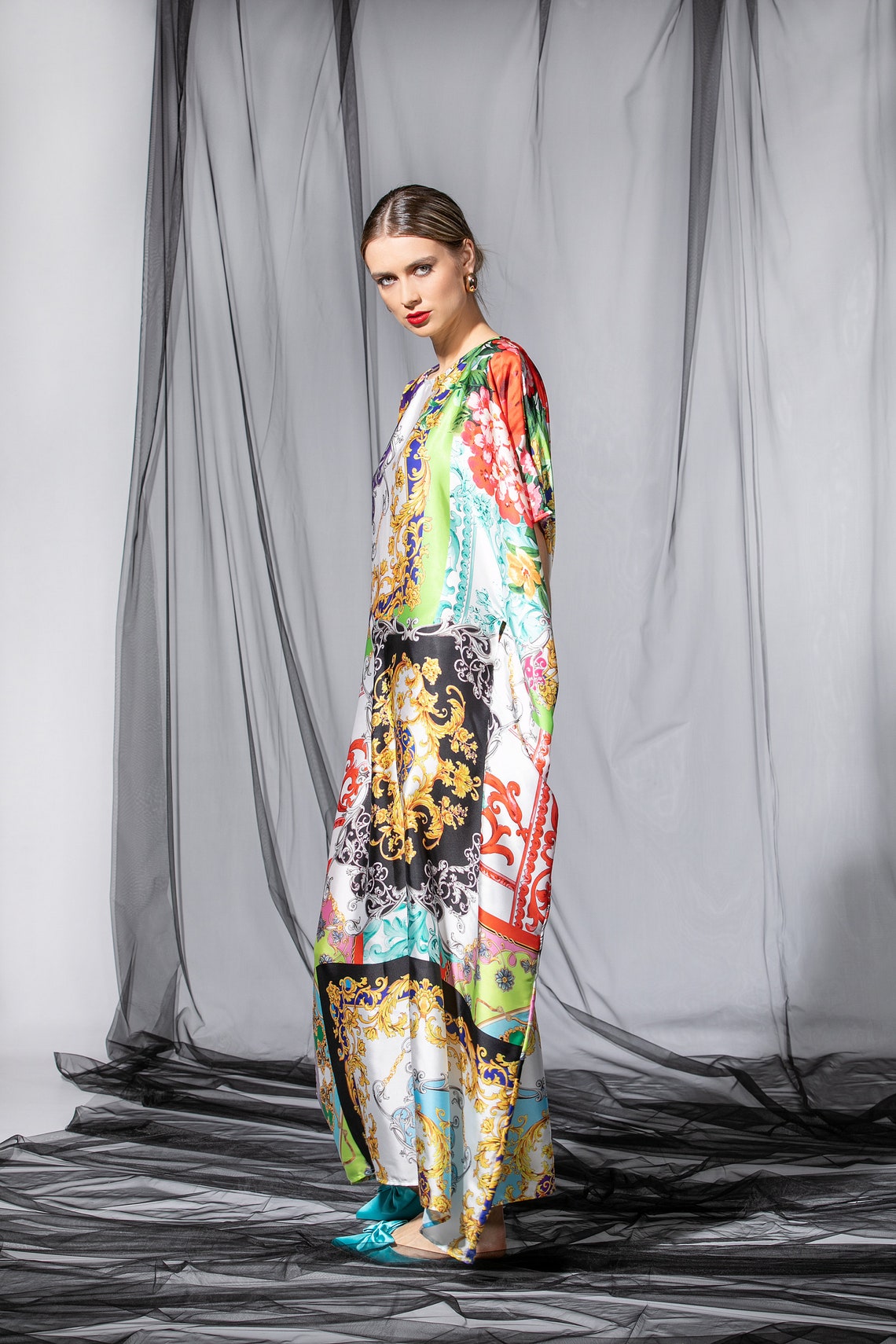 Baroque Print Satin Kaftan Dress: Italian Maxi Dress, Plus Size ...