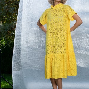 Yellow Lace Dress With High Neck, Spring Dress Women's, Yellow Dress ...